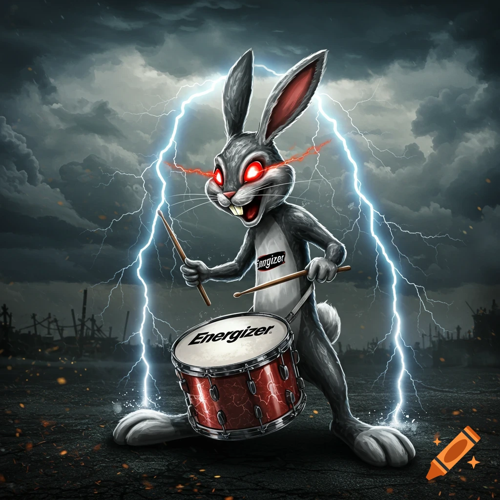 A grey rabbit mascot with red glowing eyes, holding drumsticks and ...