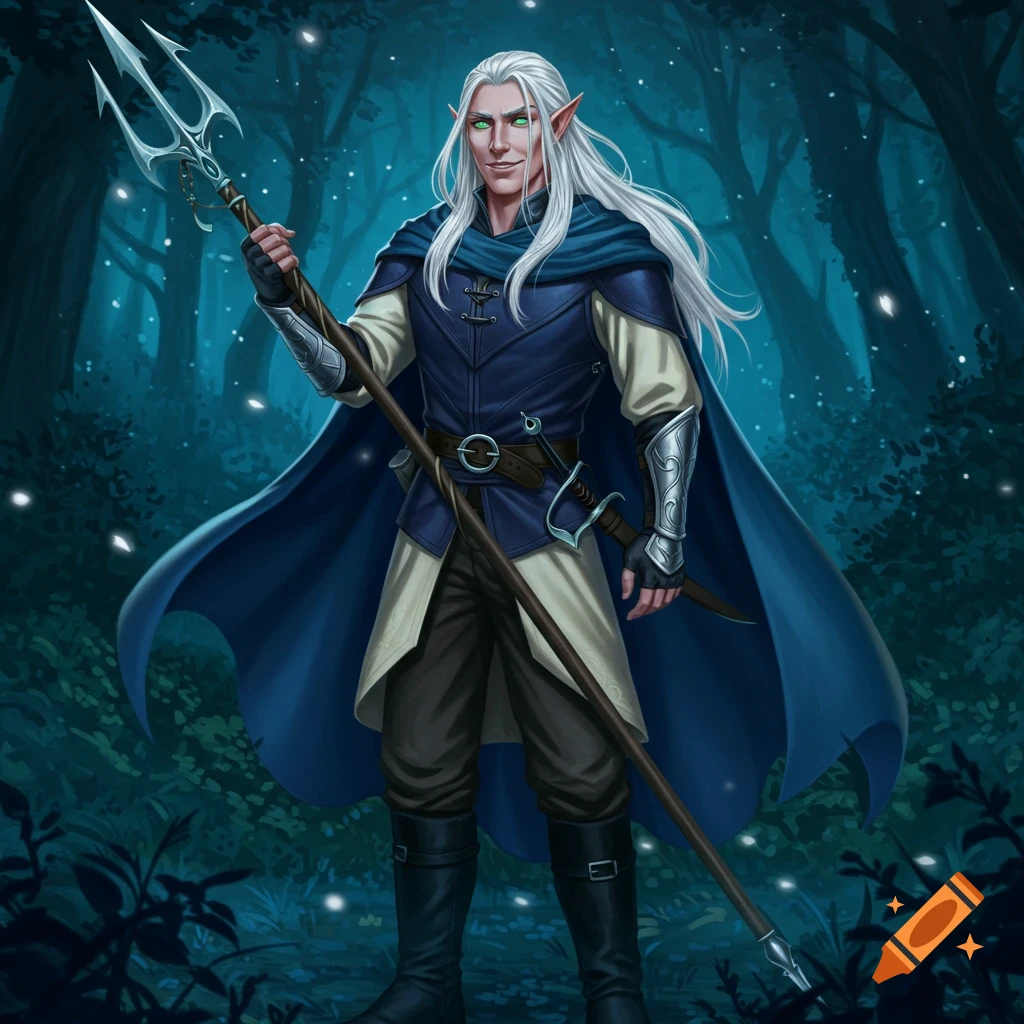 A pale-skinned elf with long silver hair and green eyes, wearing a blue ...