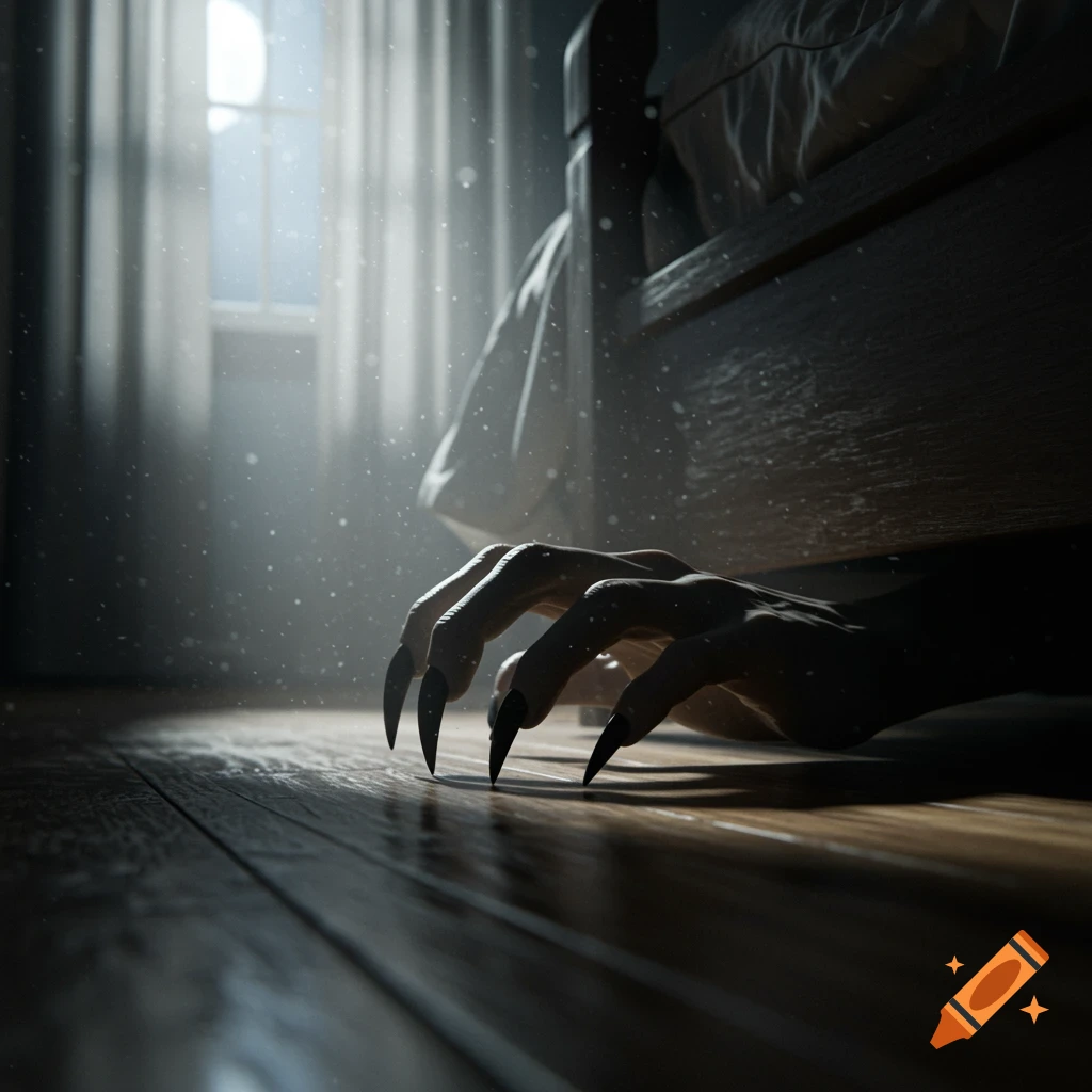 A shadowy, clawed monster hand with sharp black nails reaches from ...