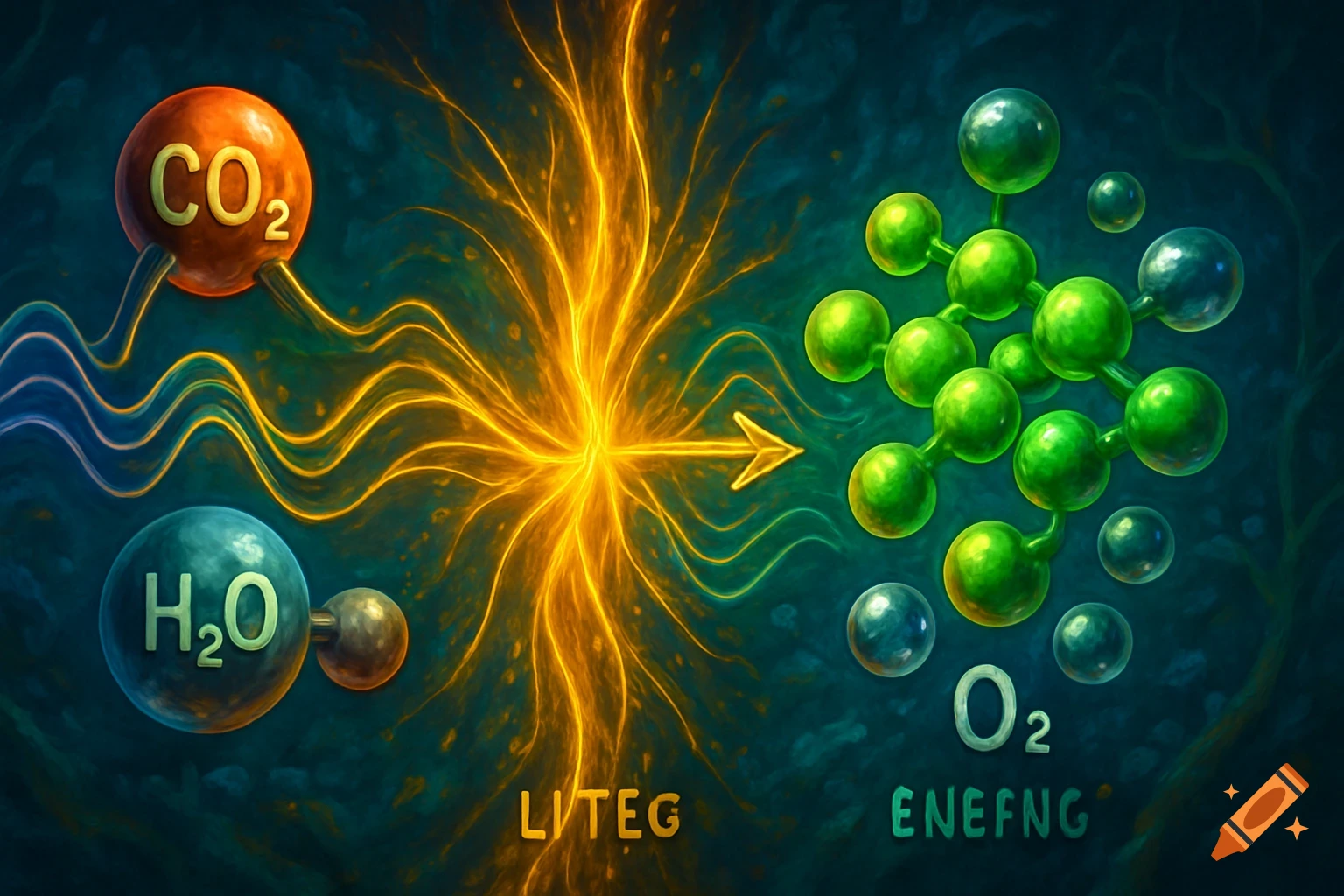 Diagram showing CO2 and H2O molecules reacting with light energy to ...
