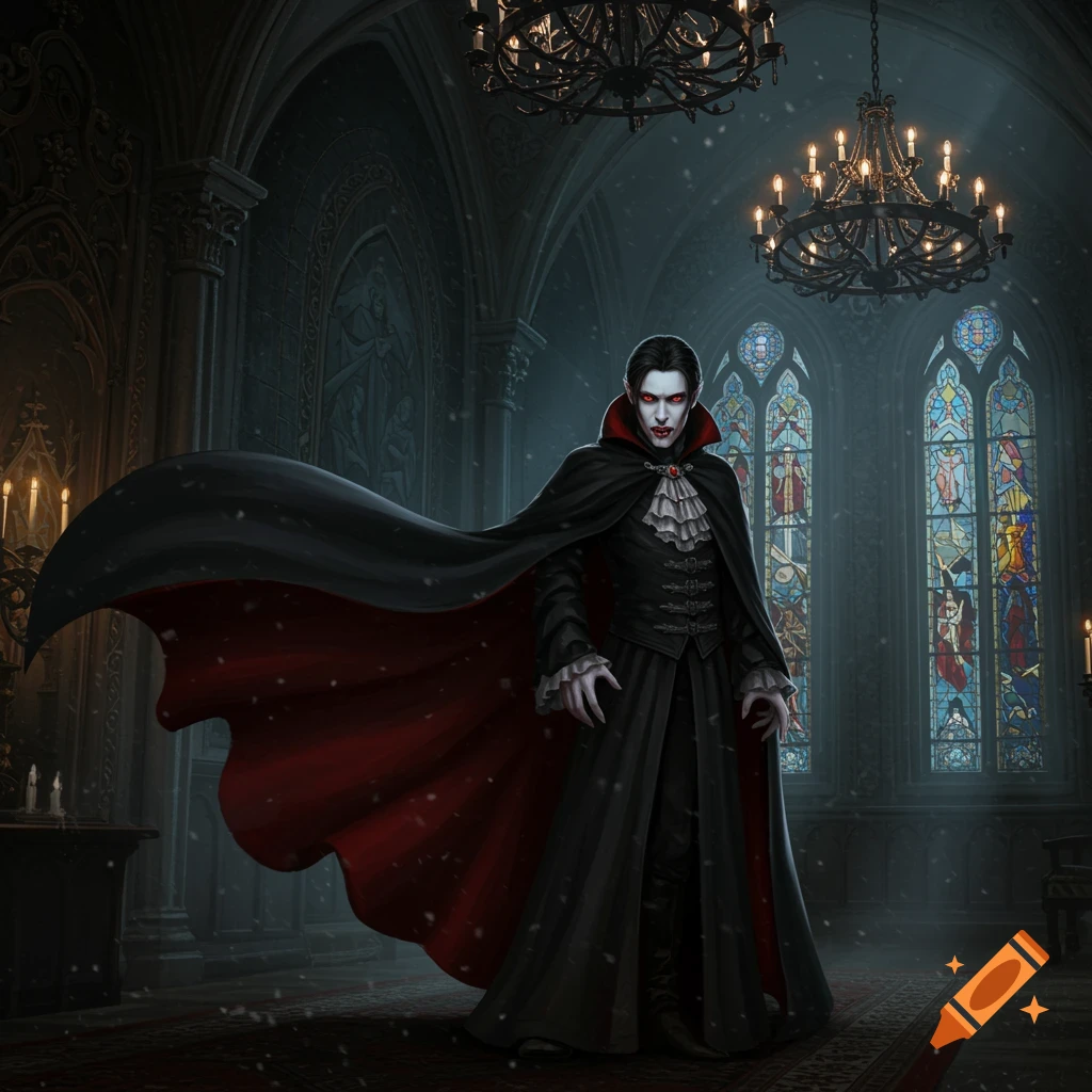 A male vampire in a dramatic black and red cape stands in a dark gothic ...