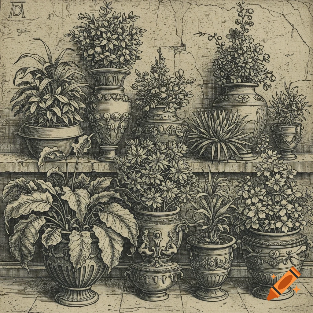 An elaborate, monochrome engraving in the style of Albrecht D 00FCrer ...