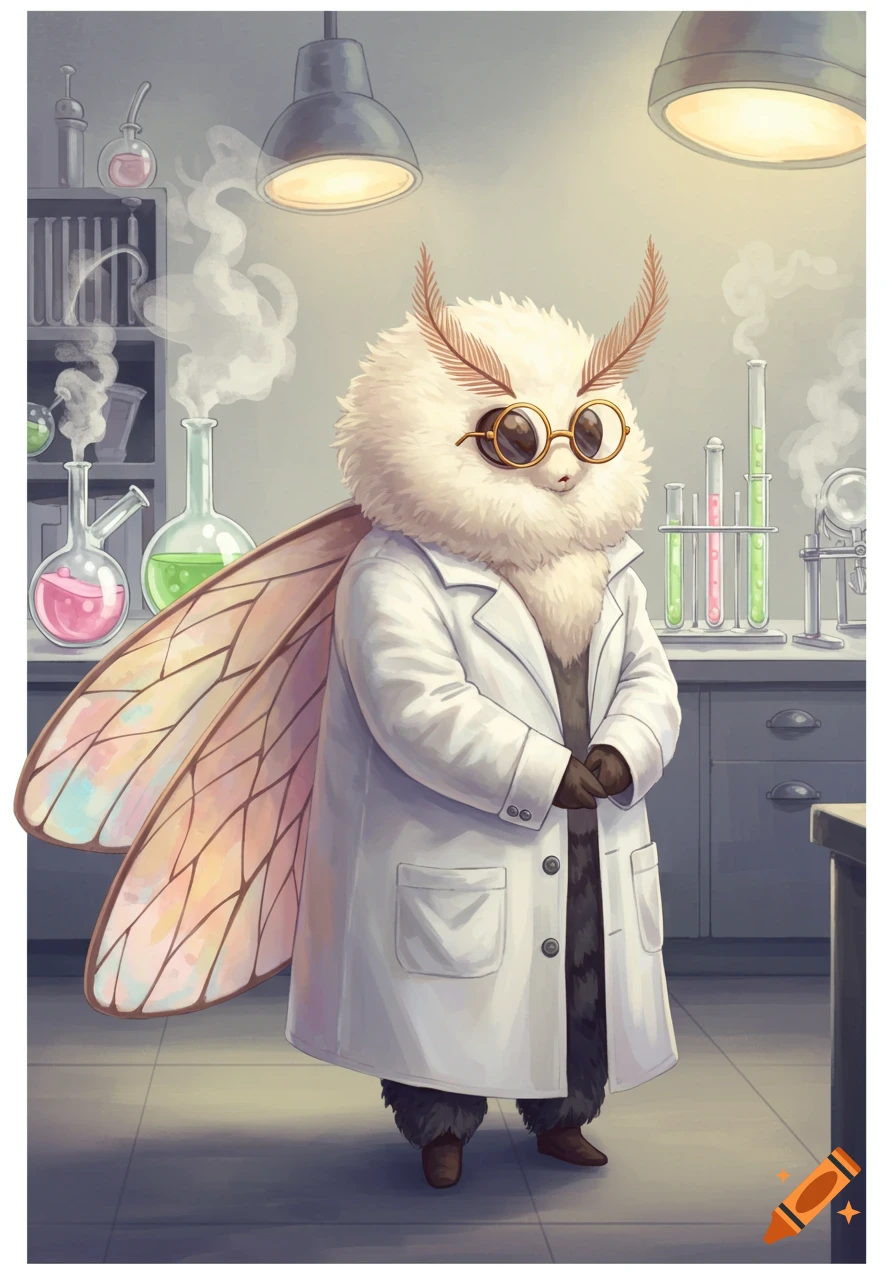 A fluffy white moth wearing a lab coat and round spectacles stands in a ...