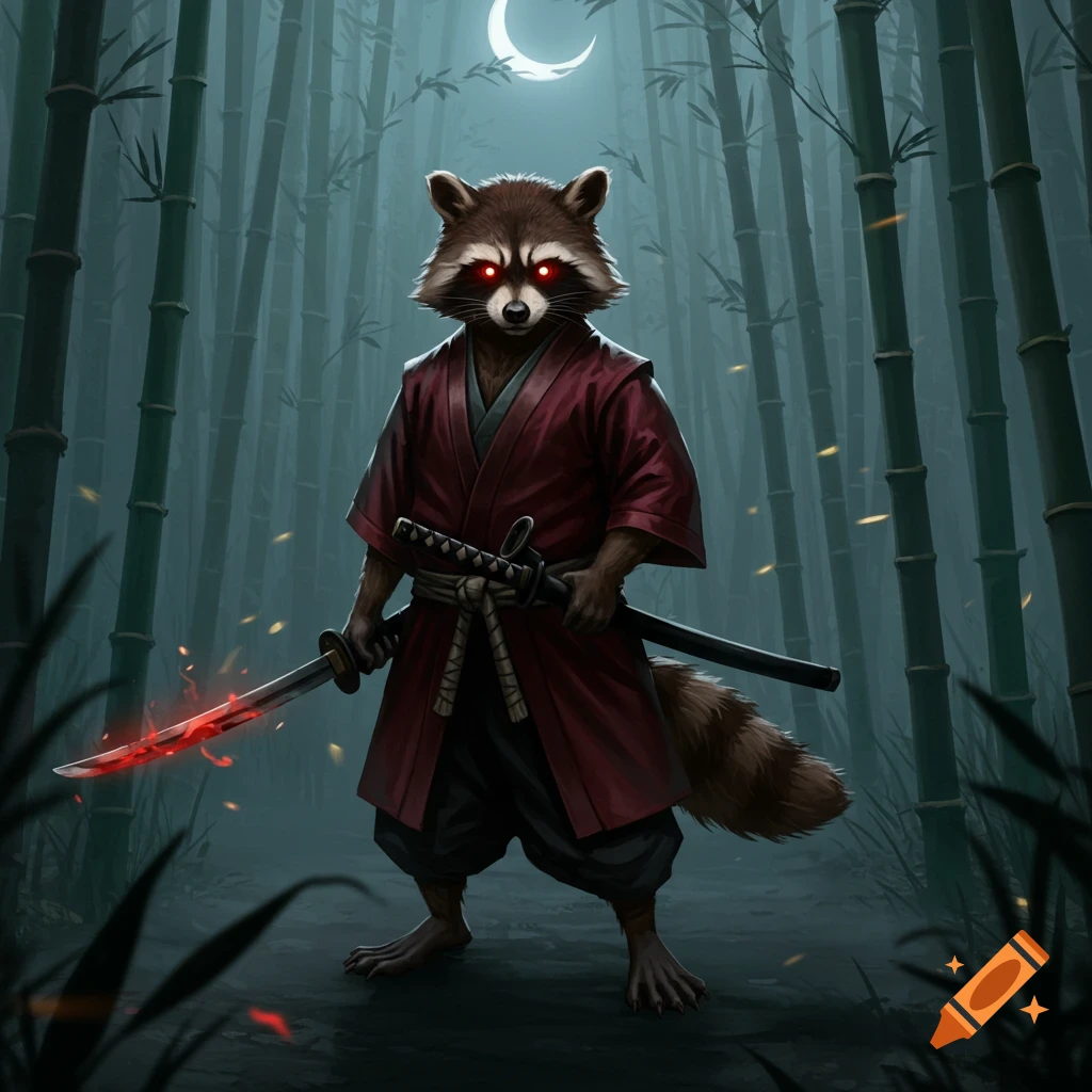 A raccoon samurai villain with glowing red eyes and a red-glowing katana stands in a dark bamboo ...