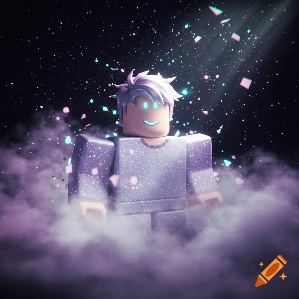 A Roblox-style character with glowing blue eyes and spiky white hair in ...