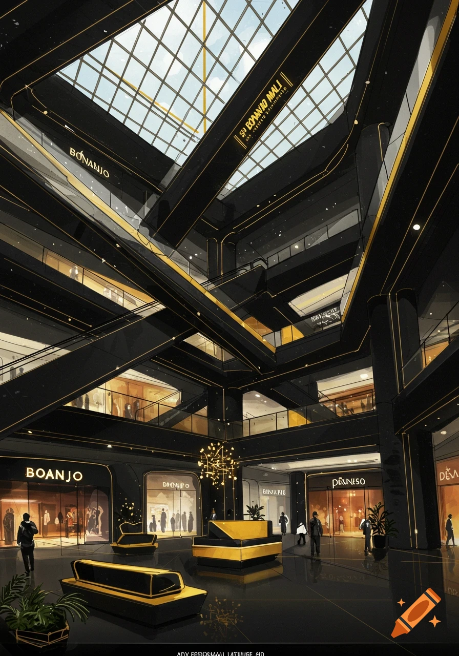An expansive, luxurious mall interior with multiple levels and a glass ...
