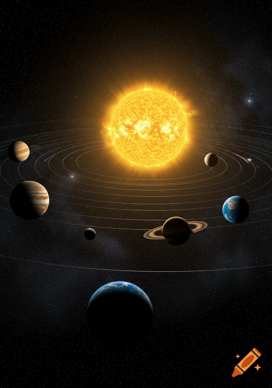 Photorealistic depiction of a solar system with a bright sun surrounded ...