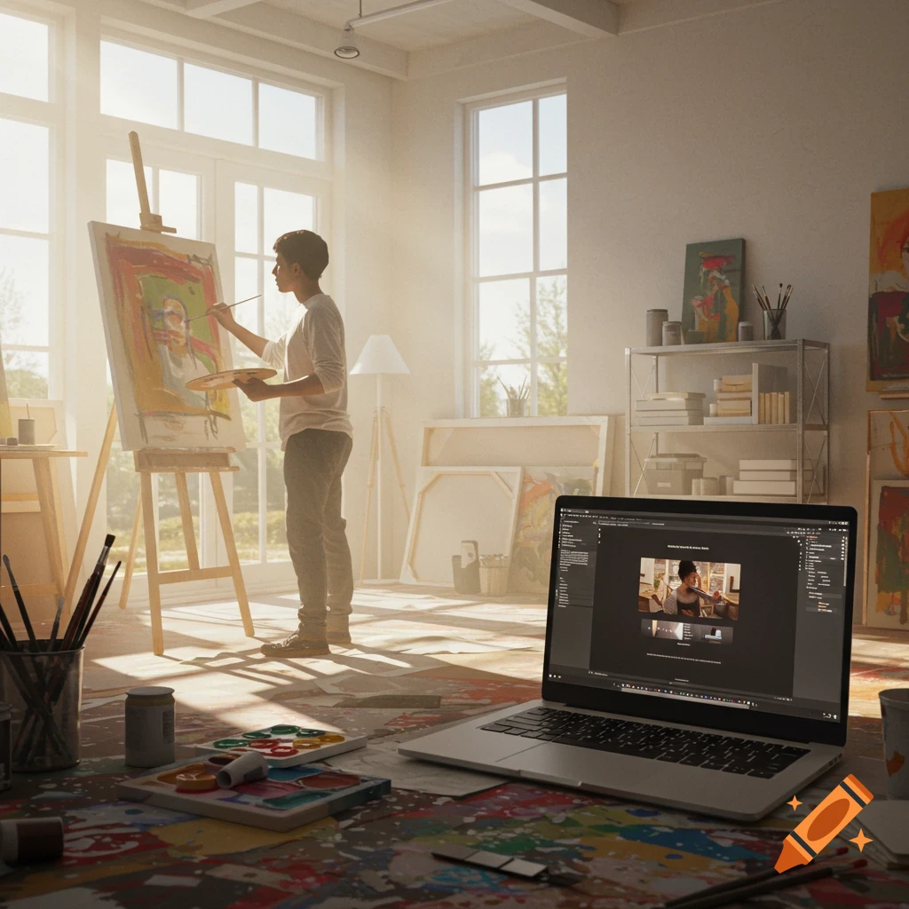 A photorealistic image of an artist painting on an easel in a bright ...