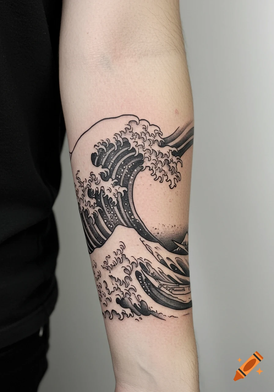 Grayscale tattoo of a large Japanese wave with Mount Fuji in the ...