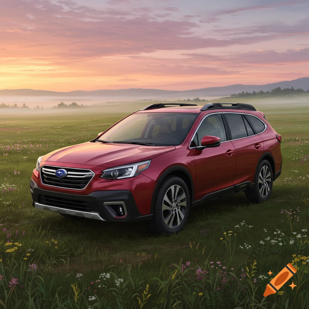A red Subaru Outback SUV parked in a green field with wildflowers ...