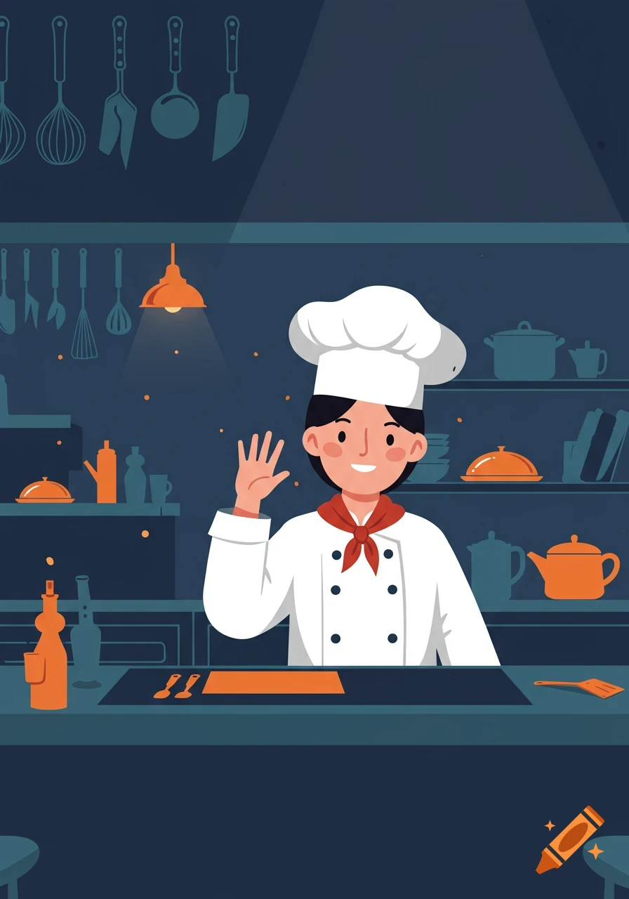 A cartoon chef smiles and waves in a dimly lit kitchen, surrounded by ...