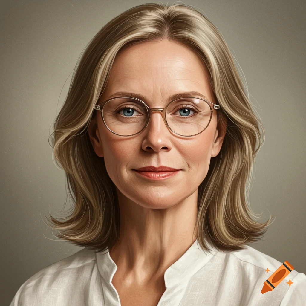 A photorealistic portrait of a blonde middle-aged woman with blue eyes and glasses wearing a ...