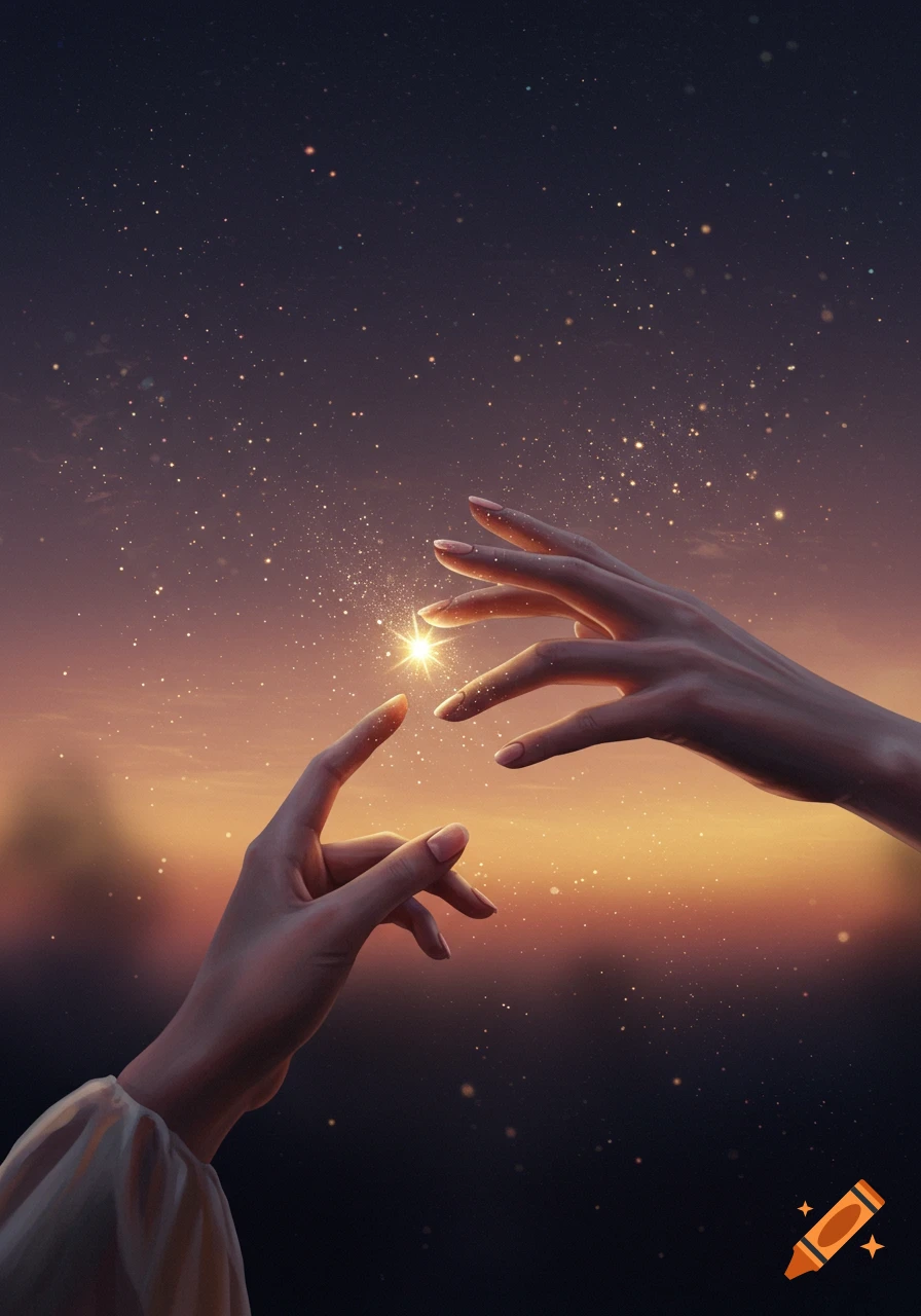 Two hands reaching towards a bright glowing sparkle against a dramatic ...