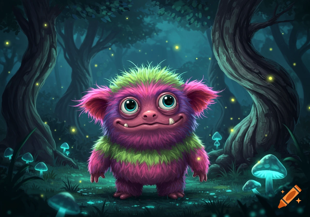 A pink fluffy monster with big purple eyes smiles and floats above a ...