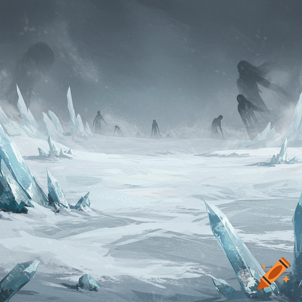 Shadowy figures stand among sharp ice crystals in a desolate, frozen ...