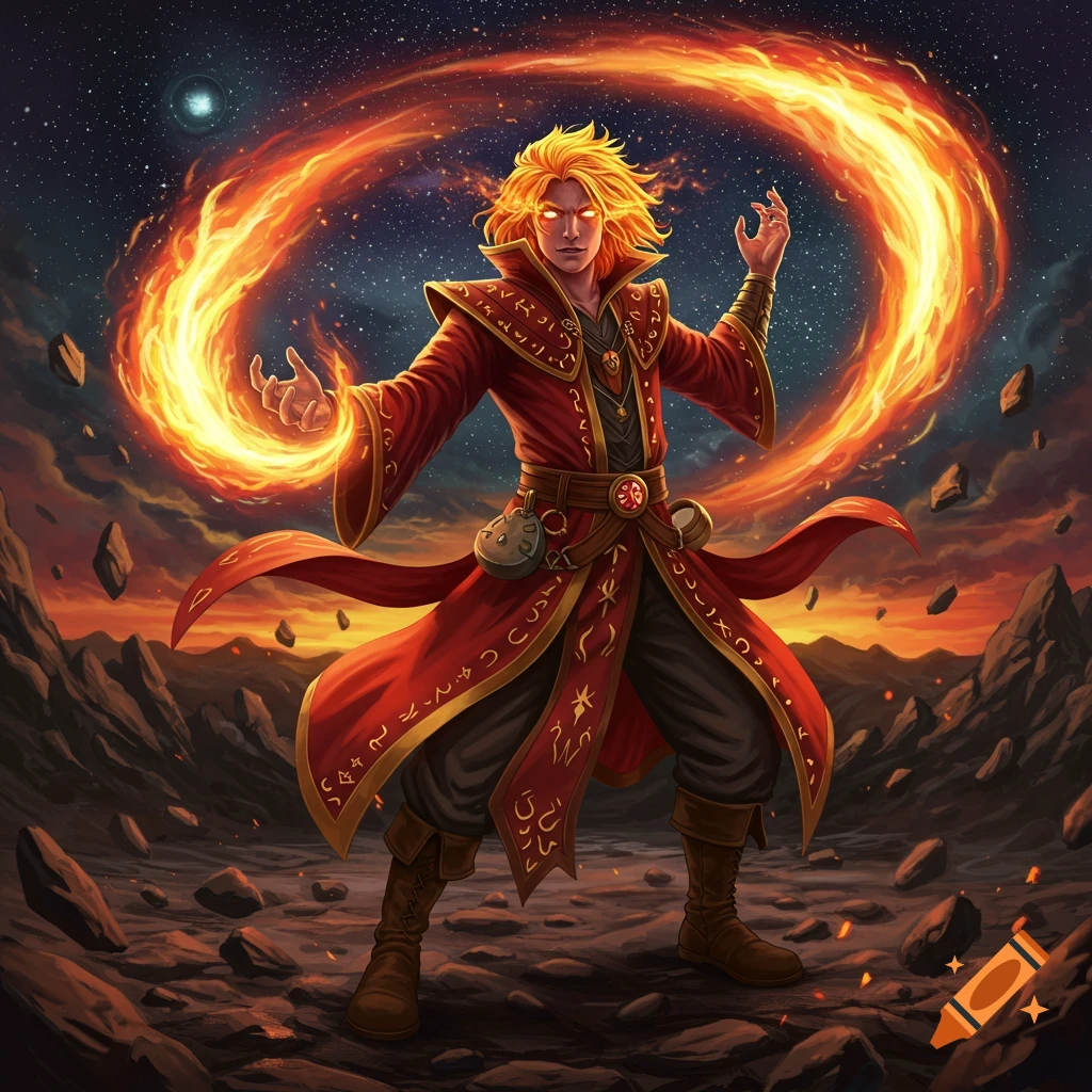 A male fire mage with glowing eyes and hair casts a swirling fire spell ...