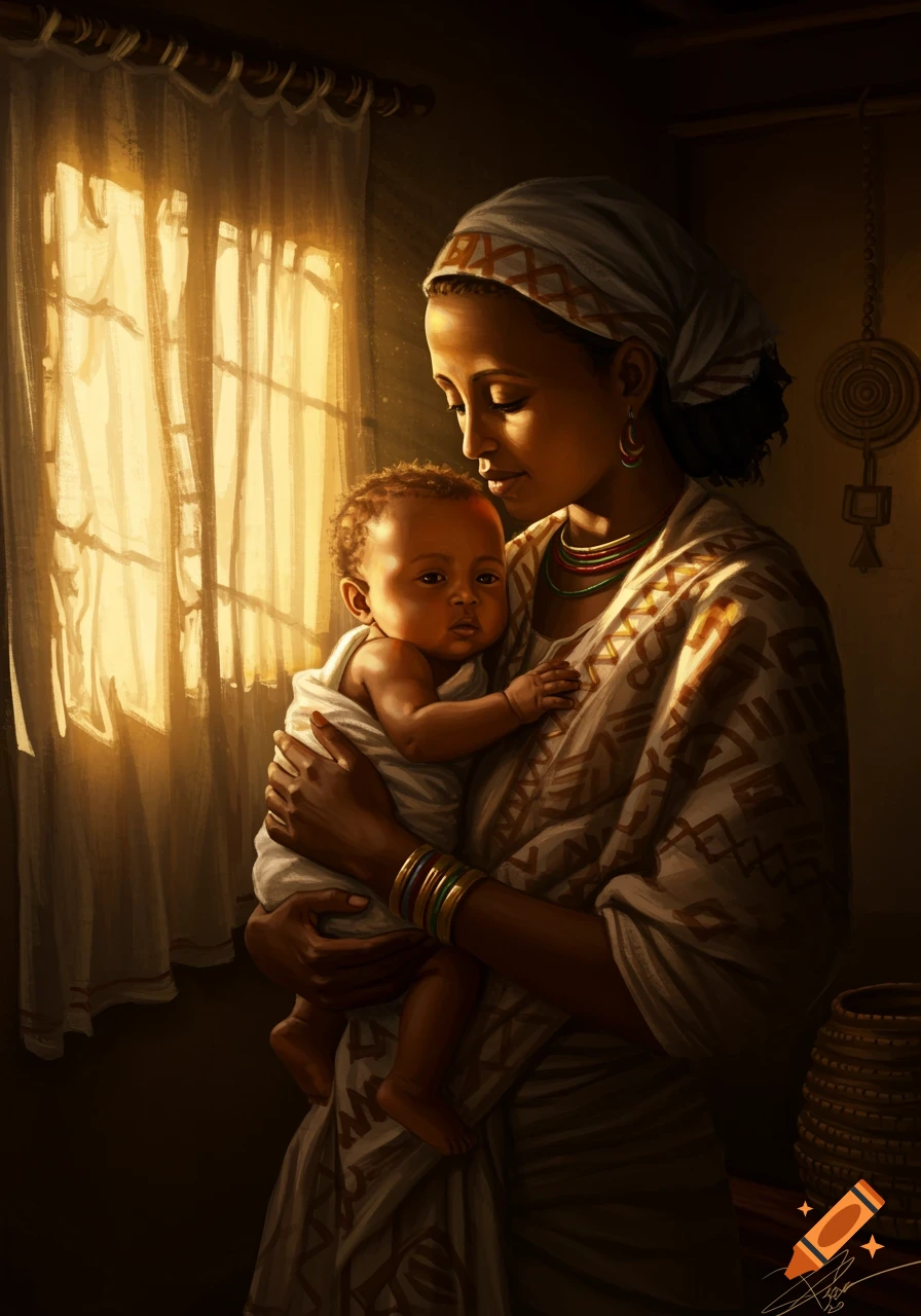 A photorealistic portrait of a distressed mother in a black headscarf ...