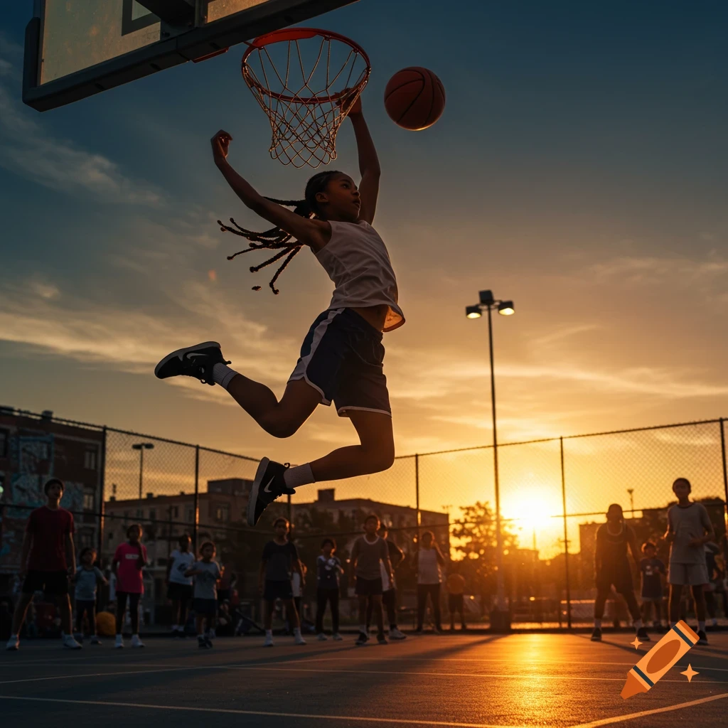 A young girl jumps to dunk a basketball at sunset on an outdoor court ...