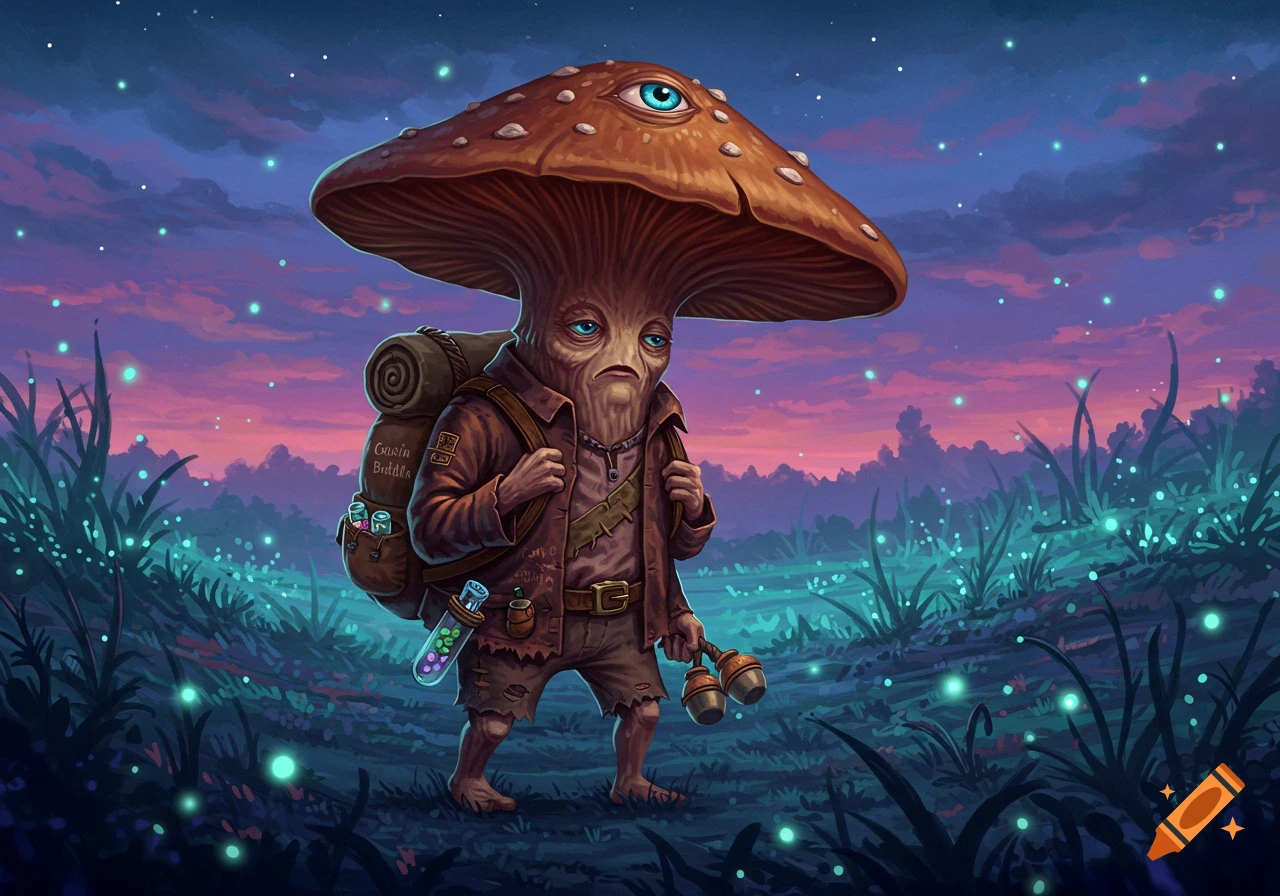 A mushroom creature with a third eye and backpack walks through a ...