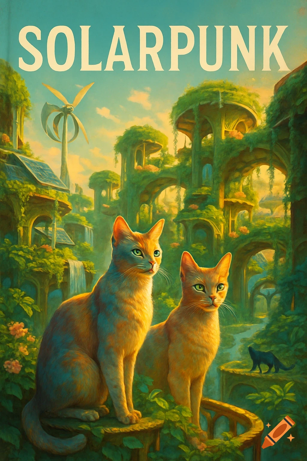 Two cats sit in front of a vibrant solarpunk city with lush green ...