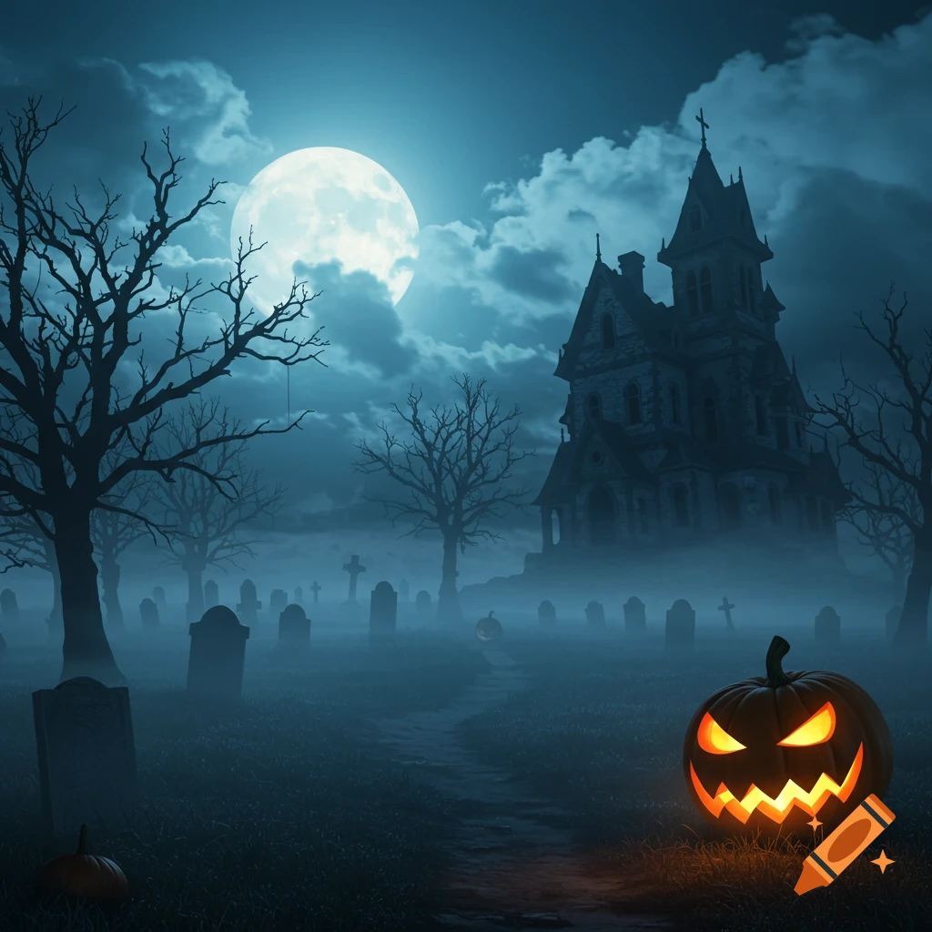 A spooky Halloween graveyard scene with a glowing jack-o'-lantern scarecrow, clock tower, black ...