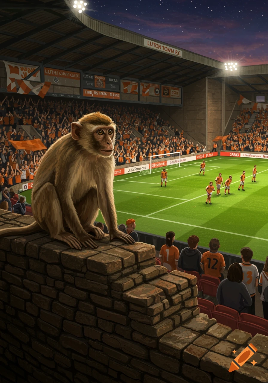 A monkey sits on a brick wall overlooking a football stadium at night ...