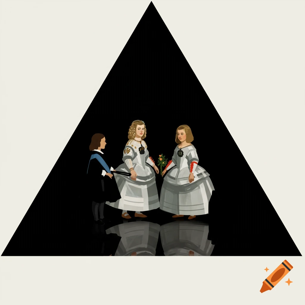 Three stylized figures from Velázquez's Las Meninas, rendered as graphic icons, against a stark ...