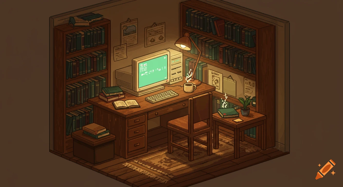 Pixel art top-down view of a wooden desk with a coffee mug, succulent ...