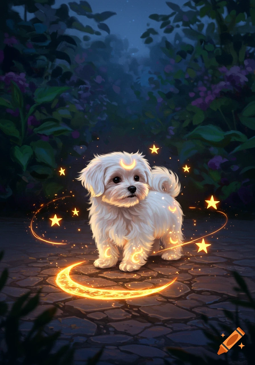 A white Maltese puppy with glowing crescent moons on its fur stands on ...