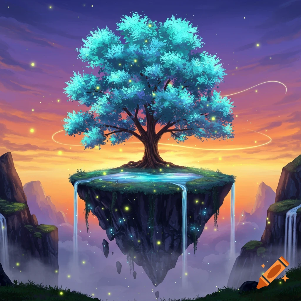 A colossal bioluminescent tree on a floating island, surrounded by ...