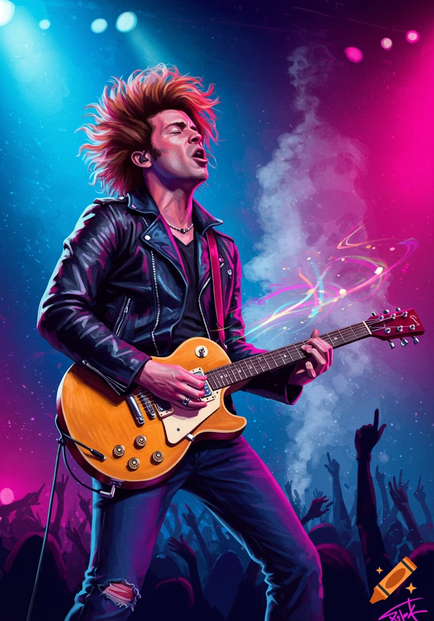 An illustration of an aggressive rock star with vibrant red spiky hair ...