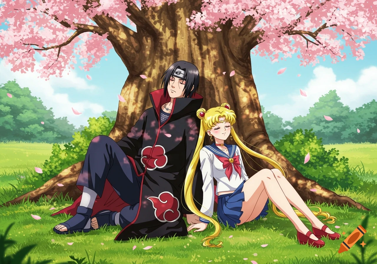 Itachi Uchiha and Usagi Tsukino, in anime style, sit napping under a ...