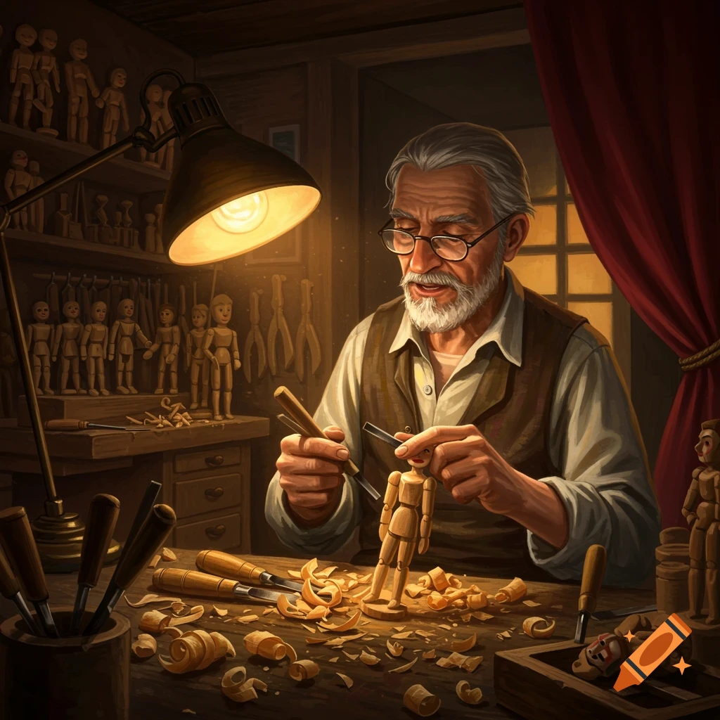 A bearded man wearing glasses carves a wooden puppet in a warmly lit ...