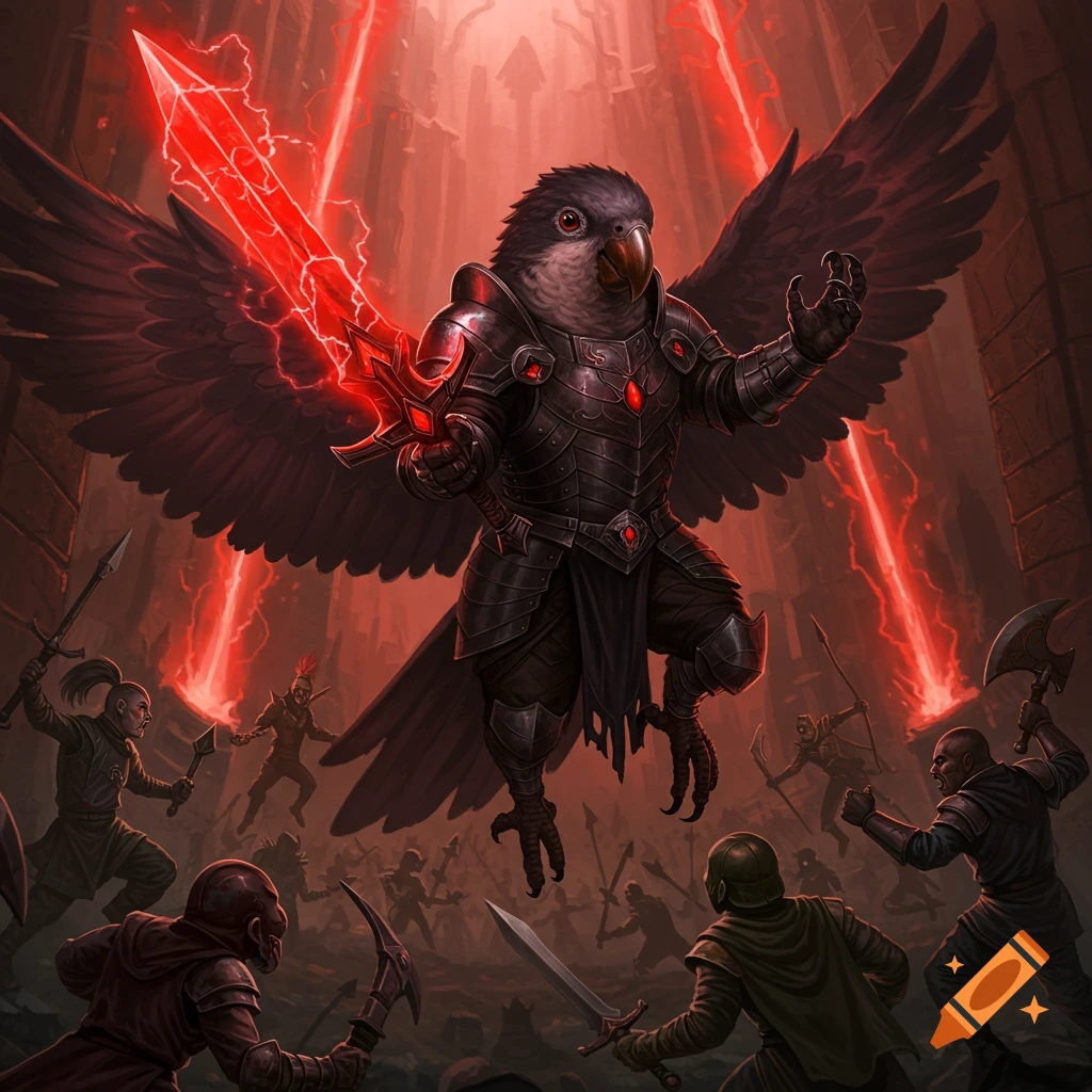 An armored bird-like warrior with a glowing red sword hovers over a ...