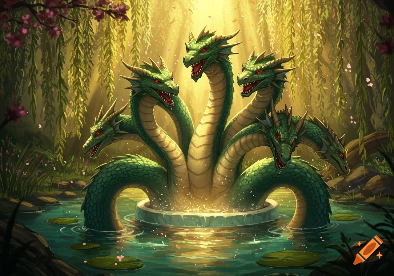 A vibrant illustration of a green, multi-headed dragon-like creature ...