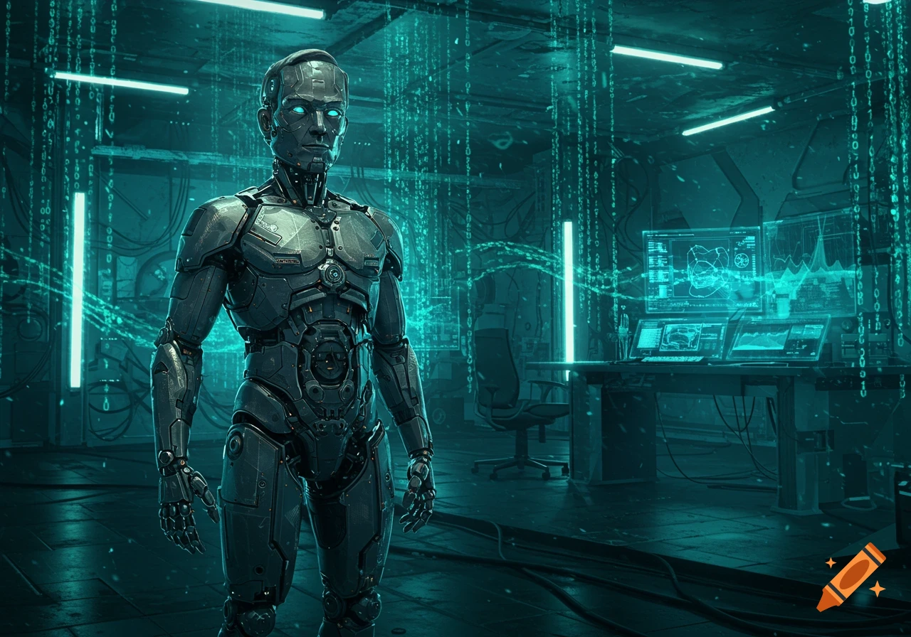 A grey humanoid robot stands in a futuristic, teal-lit server room with ...