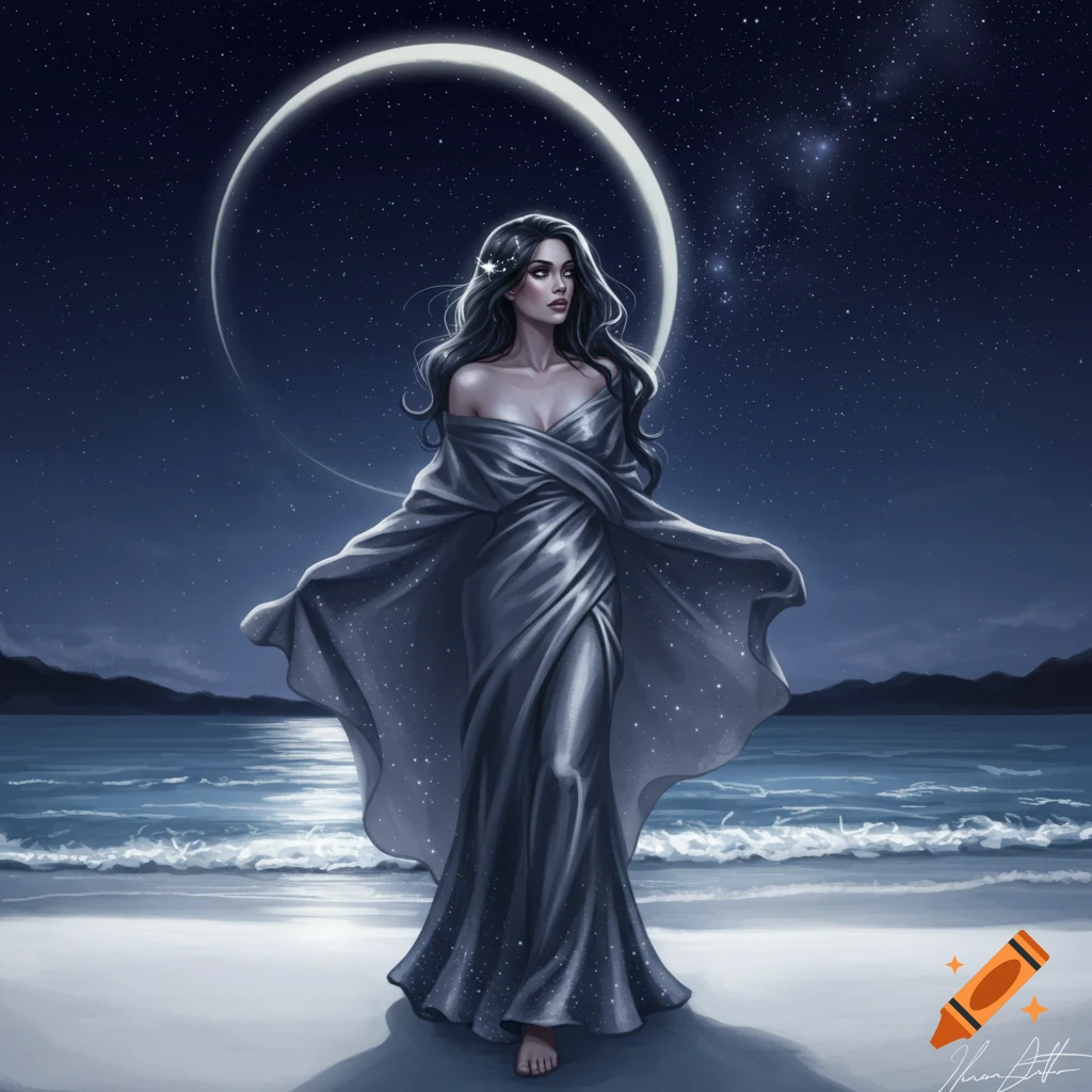 A fantasy painting of a woman in a flowing, shimmering gown standing on ...