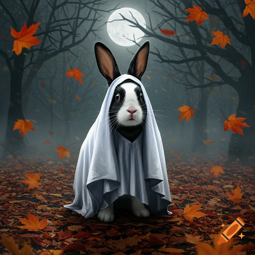 A black and white Dutch rabbit dressed as a ghost, standing in a spooky ...