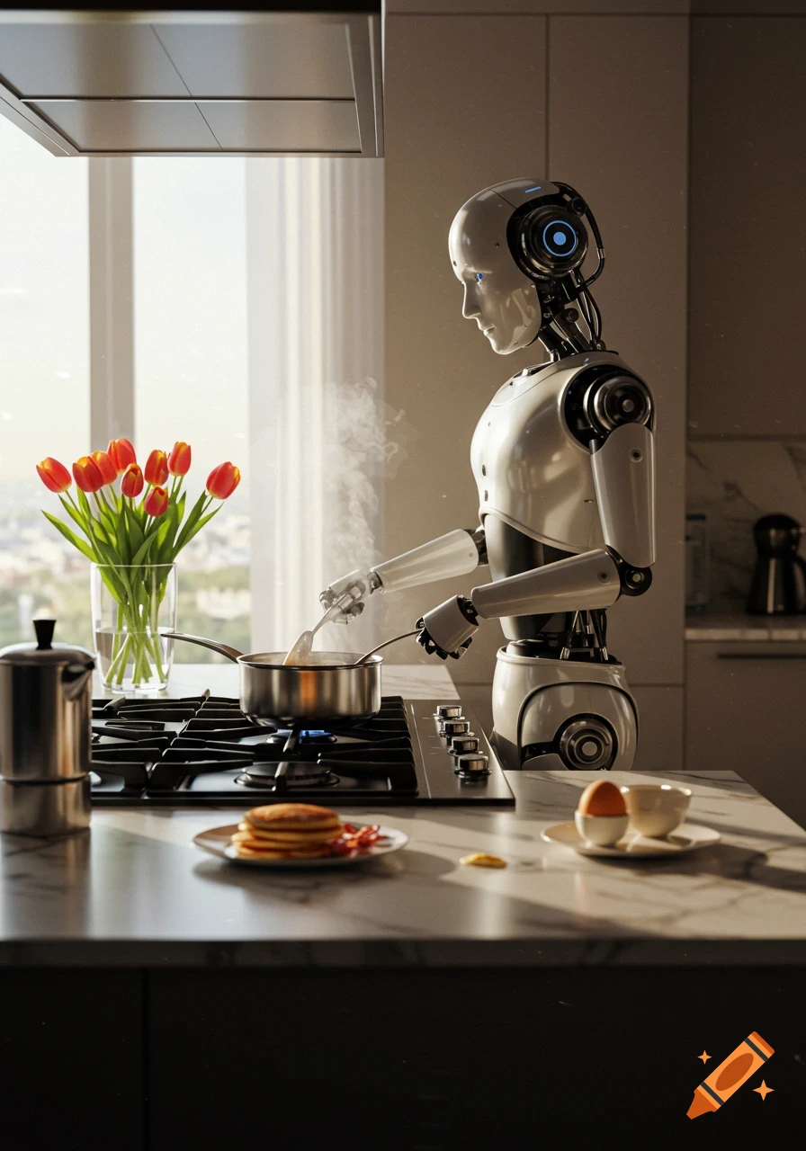 A white humanoid robot cooks breakfast in a modern kitchen, stirring a ...