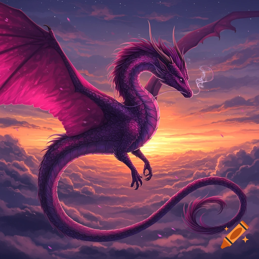 A vibrant purple and pink dragon with large wings soars above clouds at ...