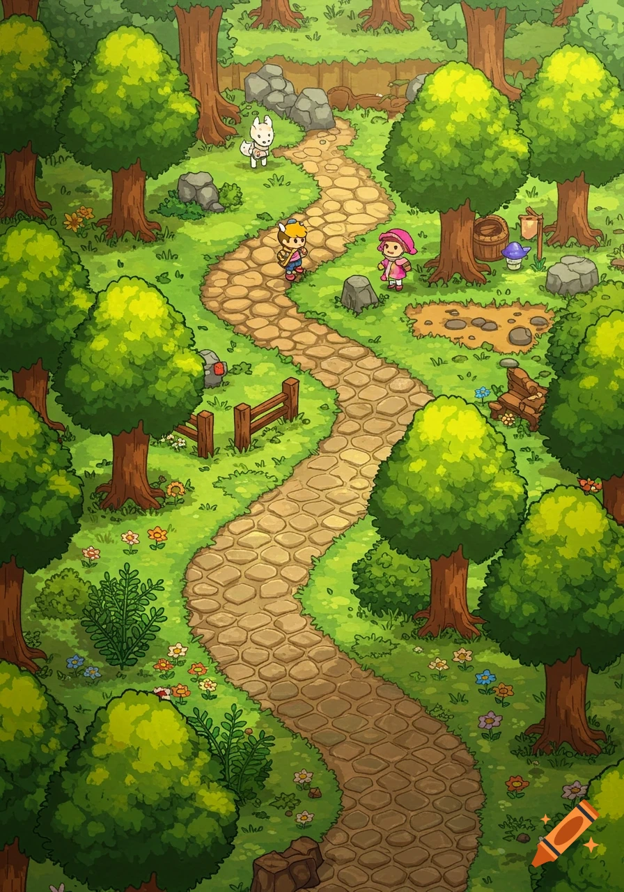 Top-down pixel art of a winding dirt path through a green forest with ...