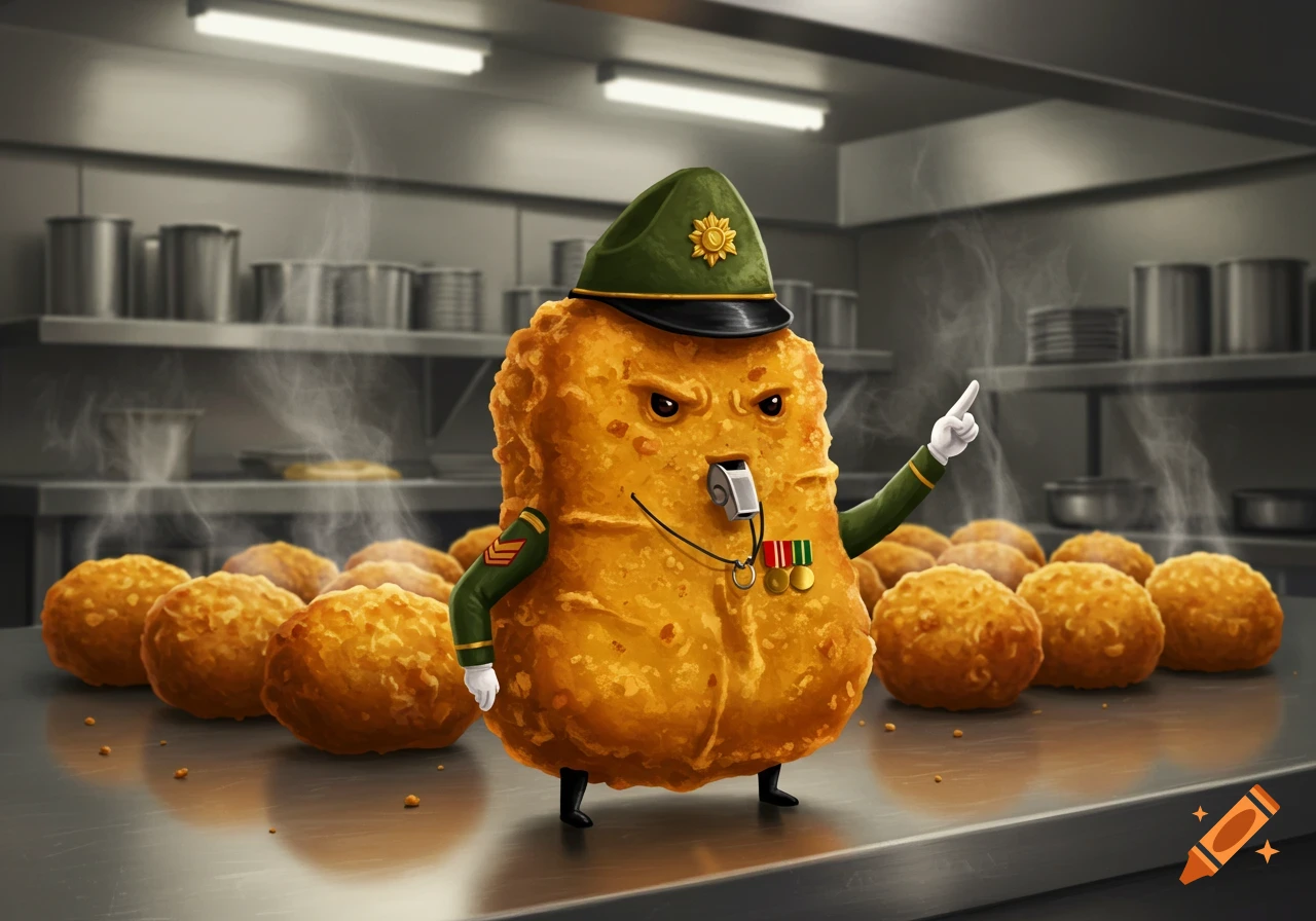 A cartoon duck in a military uniform holds a hotdog. on Craiyon