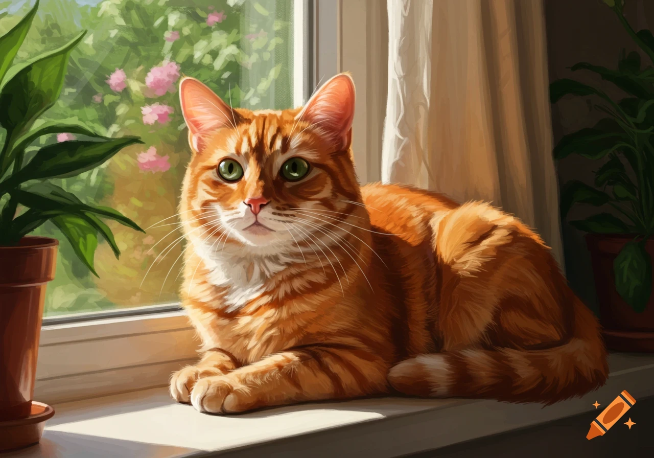 A ginger cat with green eyes sits by a sunny window with lace curtains ...