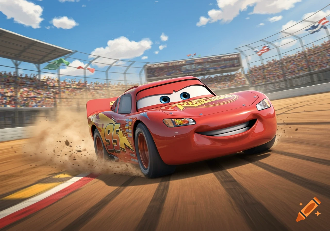 A Pixar-style rendering of Lightning McQueen with a pixelated Minecraft Steve face racing other ...