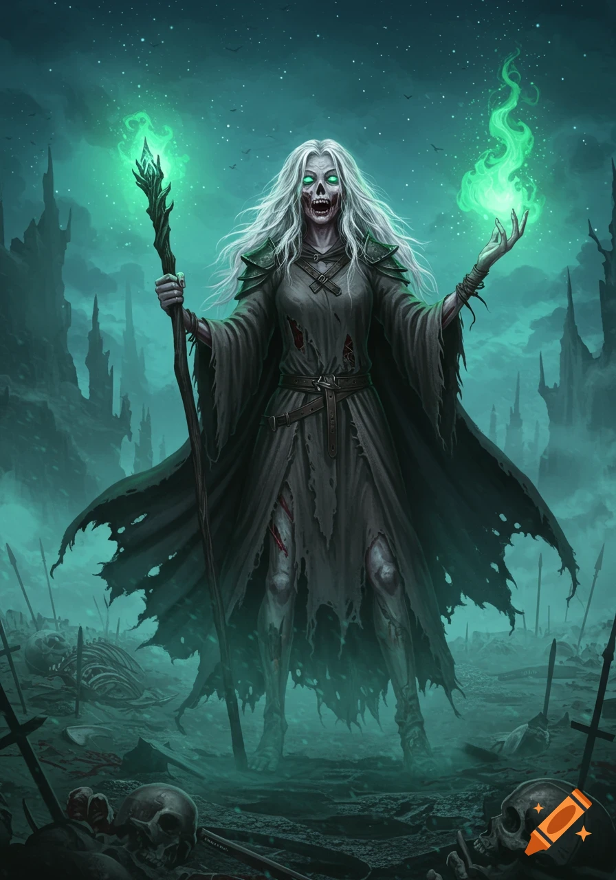 A dark hooded figure with glowing eyes and clawed hands holding fire ...