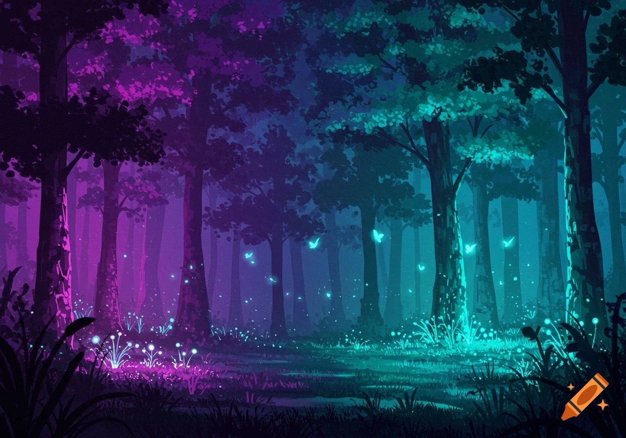 A vibrant, ethereal forest glowing with neon purple and teal light. Bioluminescent plants ...