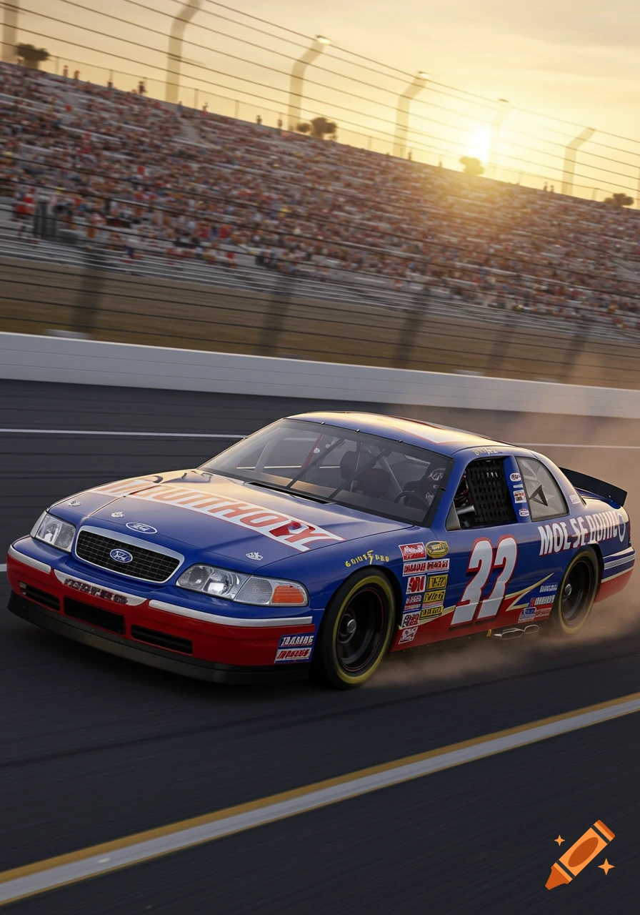 A blue and orange NASCAR race car with the number 14 speeds around a ...