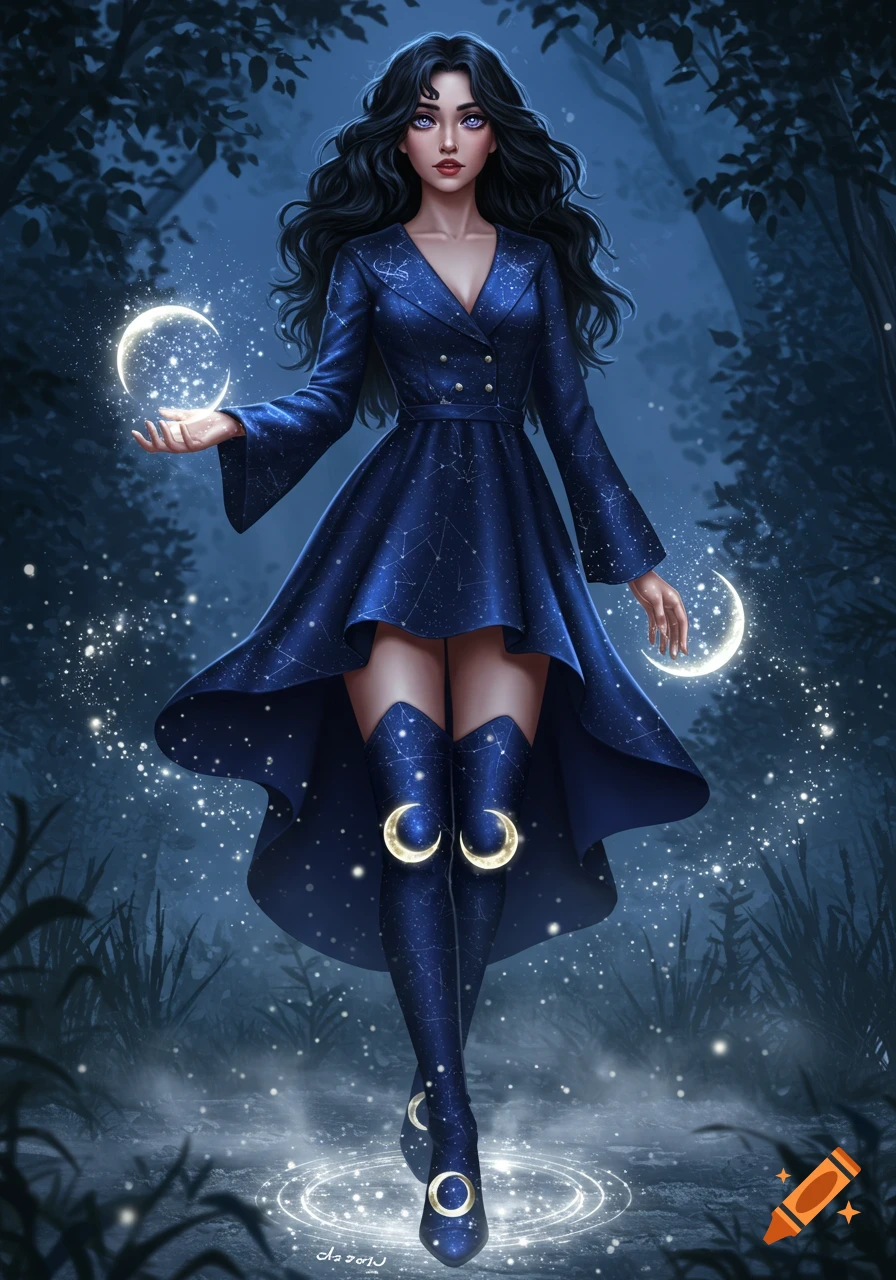 A woman with long dark hair in a starry blue dress and moon-buckle ...