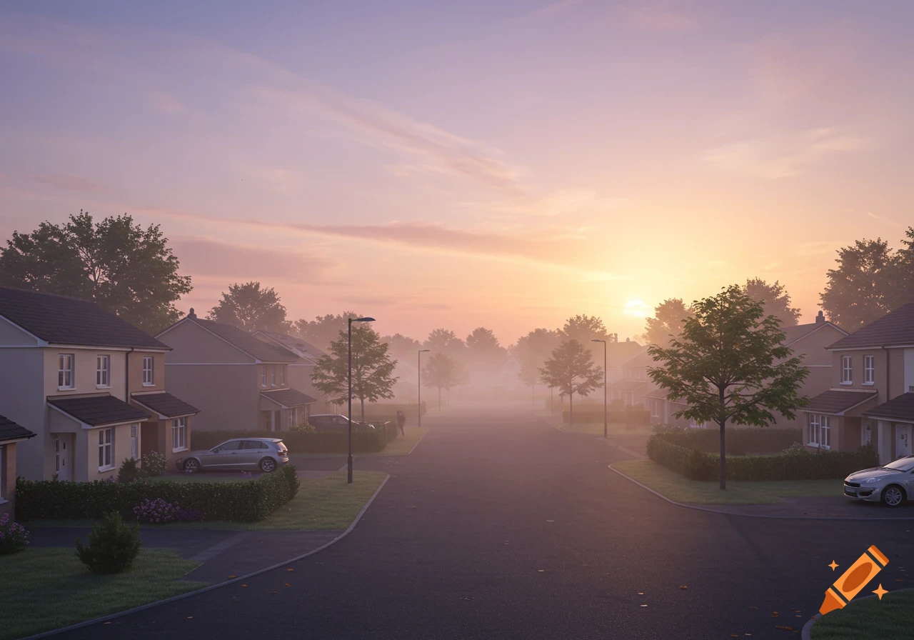 Photorealistic image of a peaceful suburban street at sunrise with soft ...