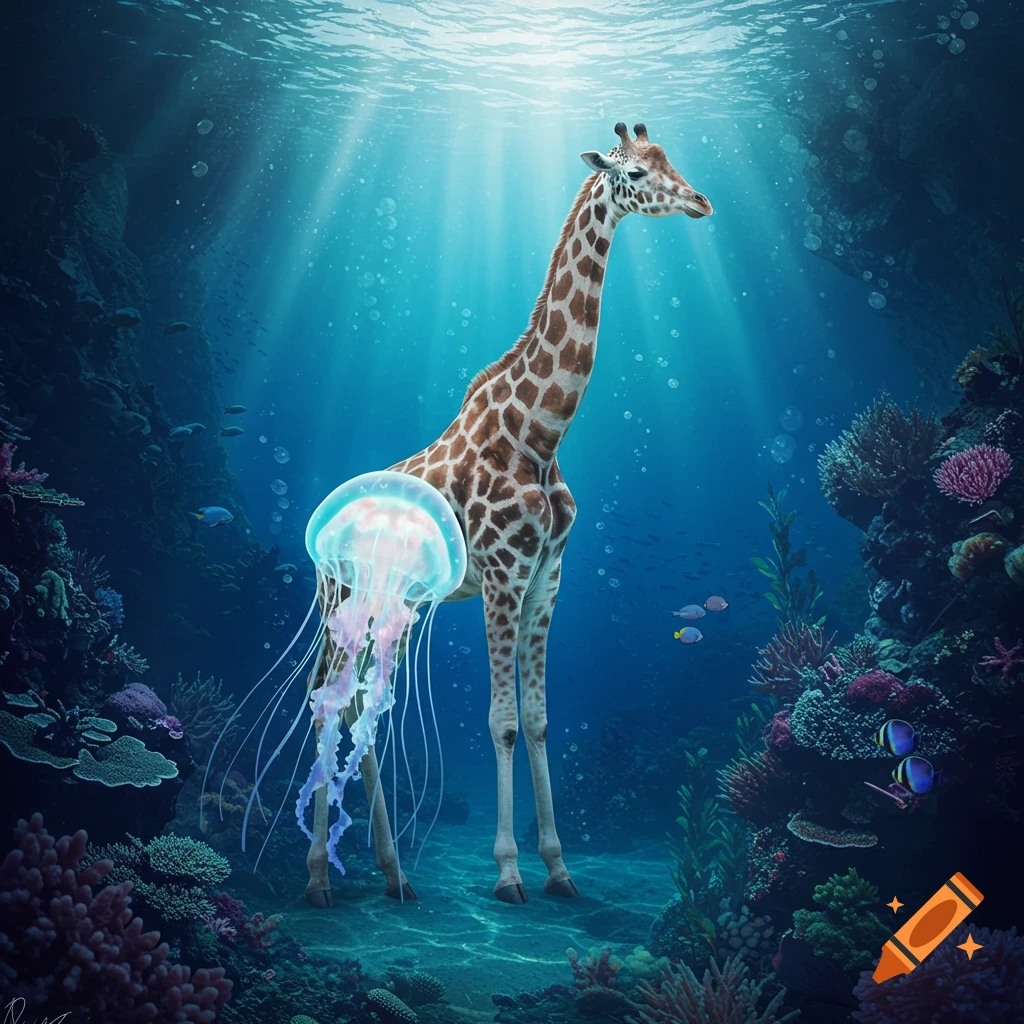 A photorealistic giraffe with a glowing jellyfish on its back stands on ...